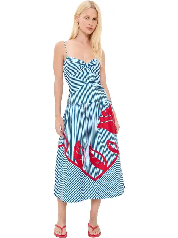 Farm Rio Sleeveless Sweetheart Neck Midi Dress - Sky Stripes Blue