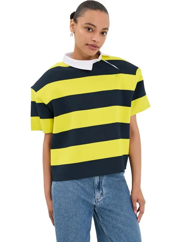 A.W.A.K.E. Mode Striped Rugby Top With Asymmetrical Collar - Yellow/navy Striped
