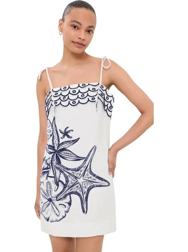 Farm Rio Linen Mini Dress With Beach Print And Scallop Trim - Coast Stars Off-white