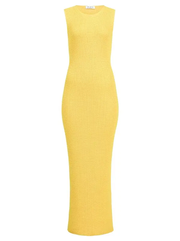 Alaïa Silk Waffle Godet Midi Dress - Beige