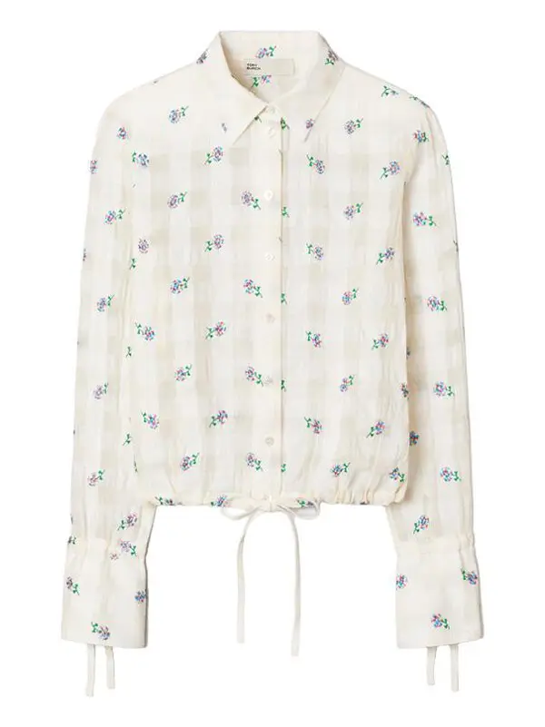 Tory Burch Embroidered Linen Blend Blouse - Ivory Embroidered Gingham