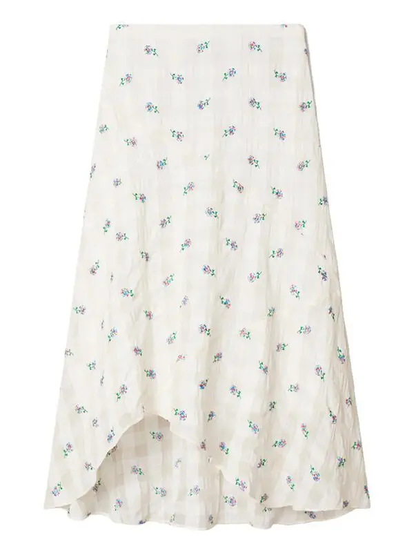 Tory Burch Embroidered Linen Blend Gingham Skirt - Ivory Embroidered Gingham