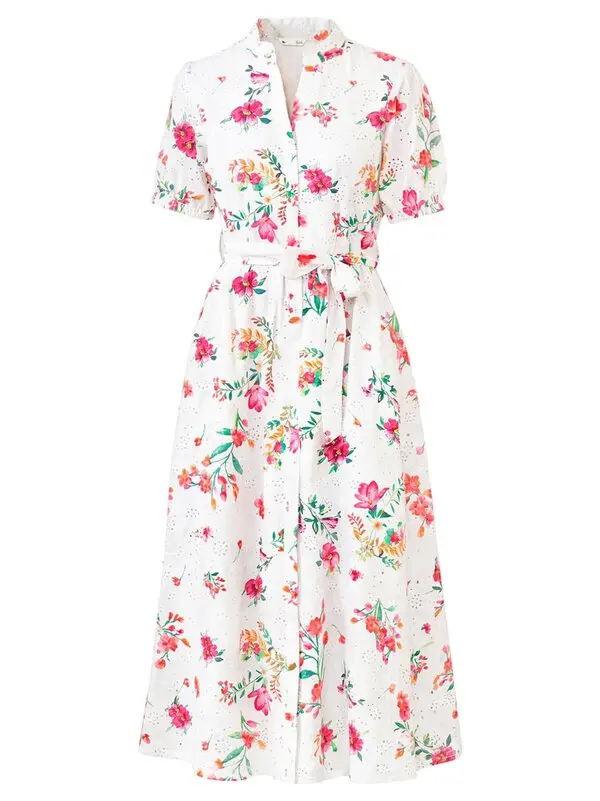YUMI Floral Print Cotton Broderie Anglaise Midi Shirt Dress - White