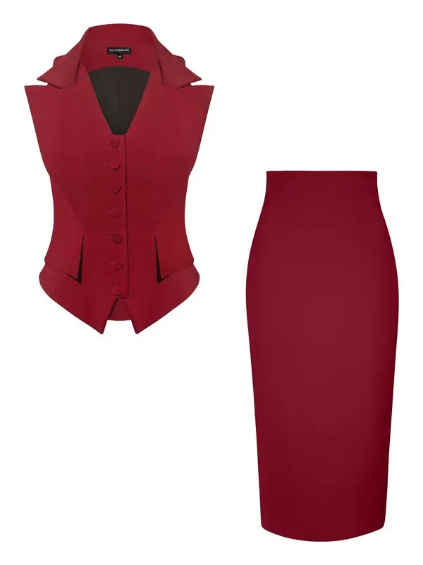 TIA DORRAINE Single-breasted Waistcoat And Pencil Skirt Set - Red
