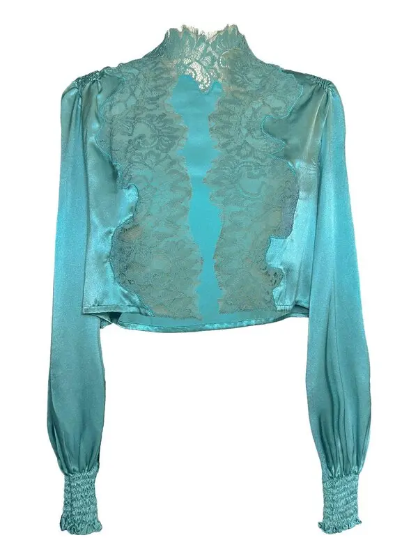 NATALIA PETRUCH Eloise Silk Jacket With Lace Trim - Green/blue