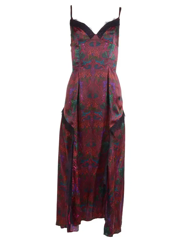Natalia Petruch Sleeveless Maxi Dress In Botanical Print Silk Satin With Lace Trim - Red