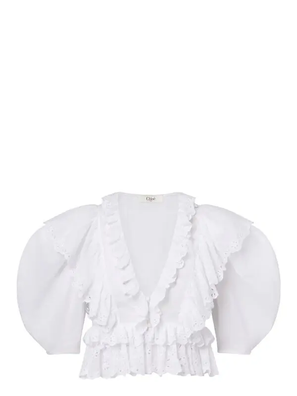 Chloé Embroidered Ruffled Cotton Top - White