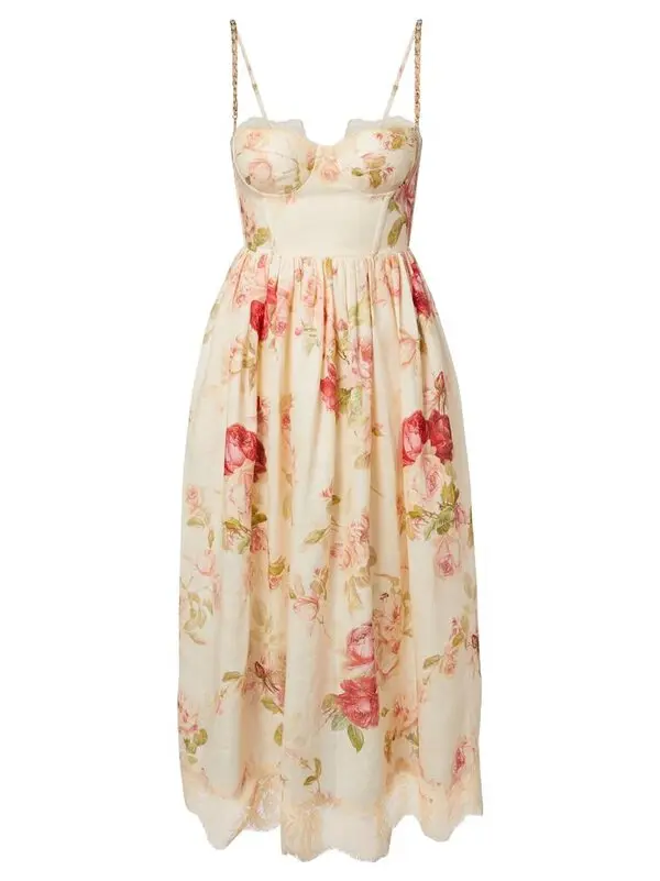 Zimmermann Roselight Floral Linen Midi Dress - Beige