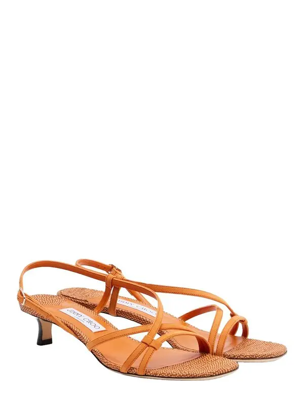 JIMMY CHOO Farris Raffia-trimmed Leather Sandals - Orange