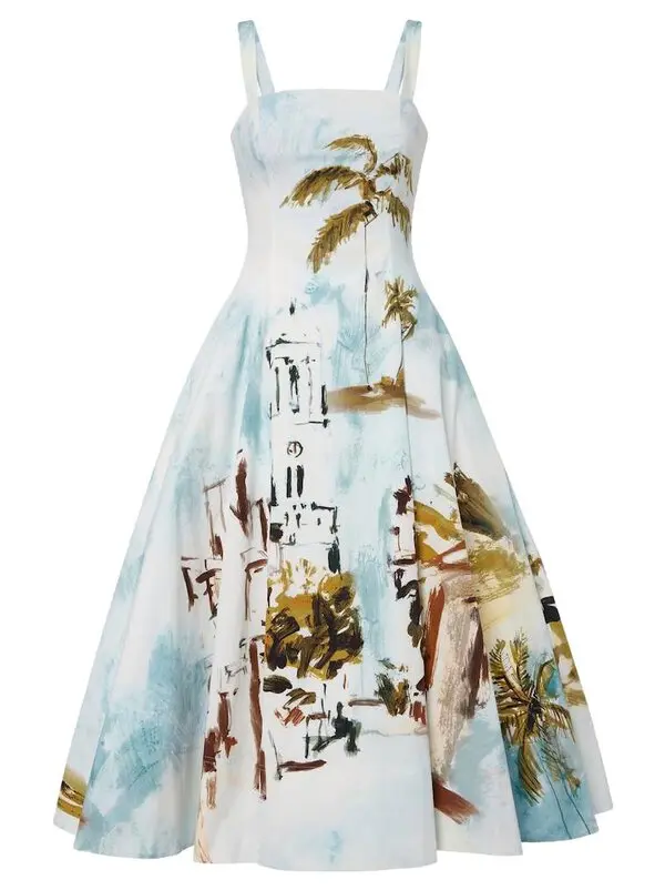 Oscar De La Renta Printed Cotton-blend Poplin Midi Dress - Blue