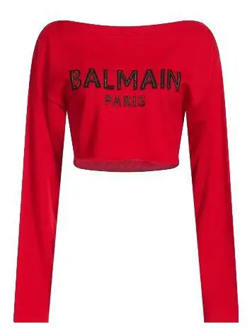 Balmain Cropped Virgin Wool & Viscose Sweater - Red