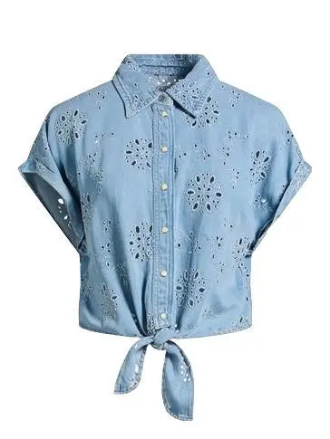 Guess Perforated Lyocell And Cotton Denim Shirt - Blue