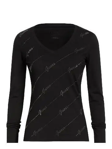 Guess Long Sleeve V-neck T-shirt With Crystal Appliqués - Black