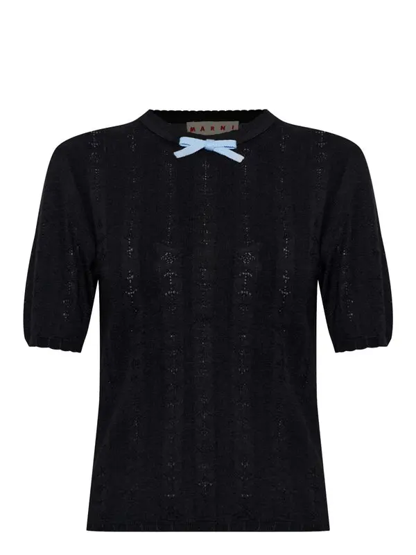 Marni Wool And Silk Blend Knit Top With Bow Detail - Navy Blue