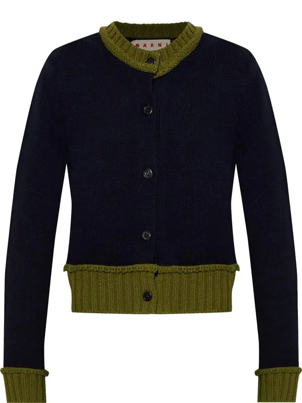 Marni Wool Cardigan With Olive Green Trim - Navy Blue