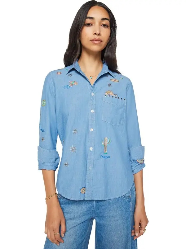 MOTHER The Foxy Boxy "hands Up" Embroidered Cotton Shirt - Blue