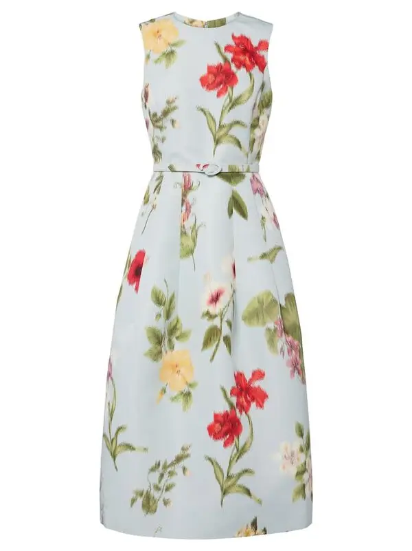 Oscar De La Renta Belted Floral Faille Cocktail Dress - Blue