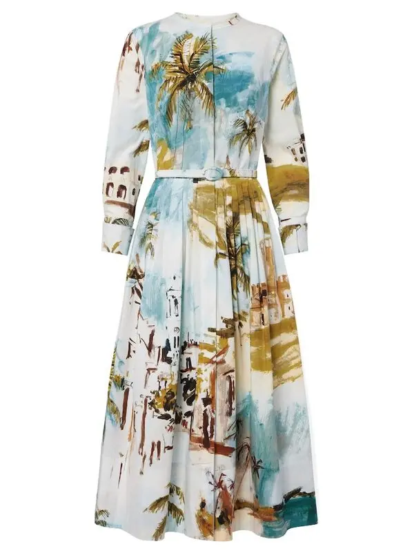 Oscar De La Renta Pleated Printed Cotton-blend Cocktail Dress - Blue