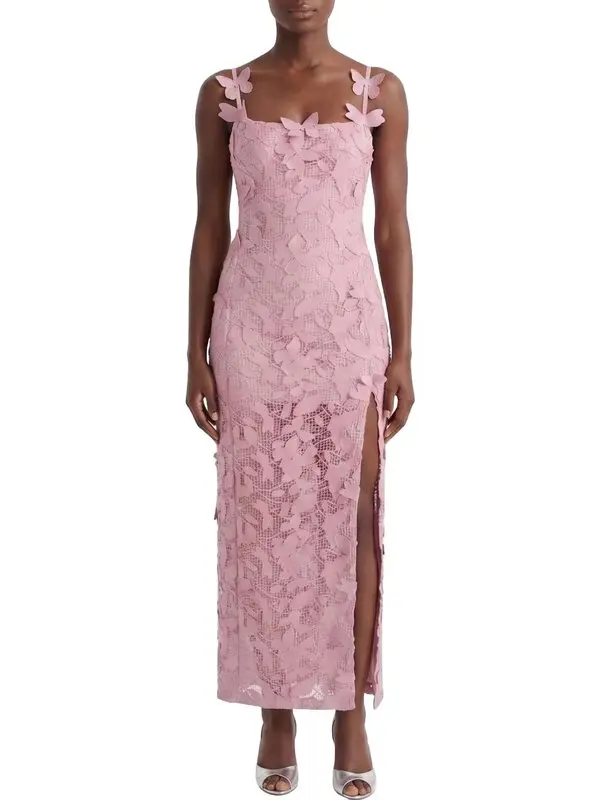 Blumarine Butterfly Lace" Maxi Dress With Side Slit - Pink