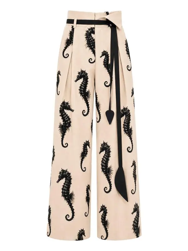 JULIA ALLERT Seahorse Print Wide Leg Trousers With Belt – Capsule Edition - Beige