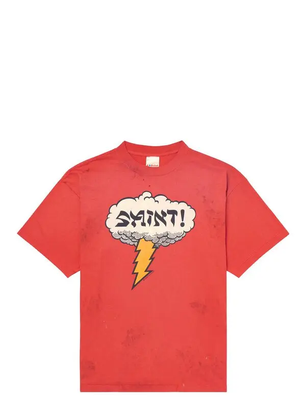 SAINT MXXXXXX Distressed Logo-print Cotton-jersey T-shirt - Red