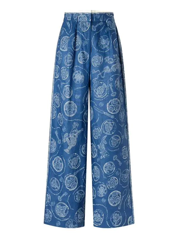 ALEMAIS Lucky Pleated Printed Linen Wide-leg Pants - Blue