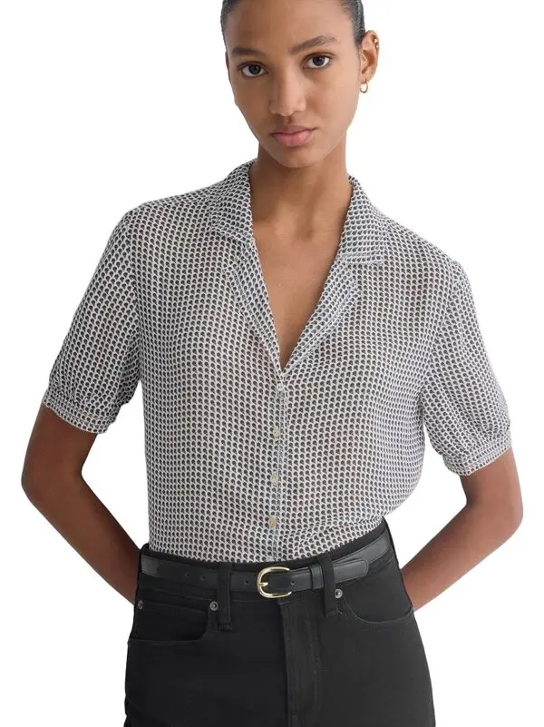 Everlane Notch Collar Shirt In Silk Georgette - Gardenia/black Micro Dot