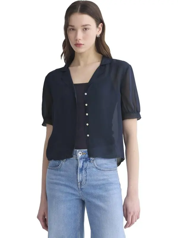 Everlane Notch Collar Shirt In Silk Georgette - Navy