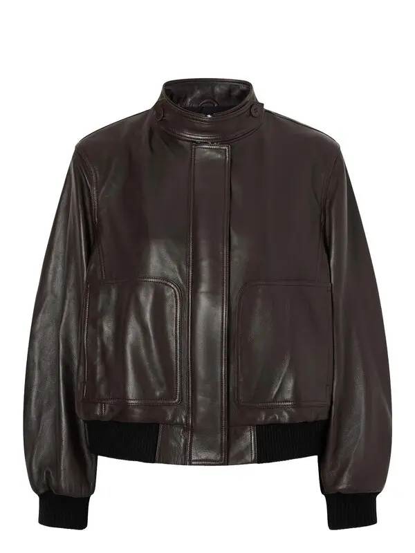 Nour Hammour Rios Leather Bomber Jacket With Ribbed Trims - Brown