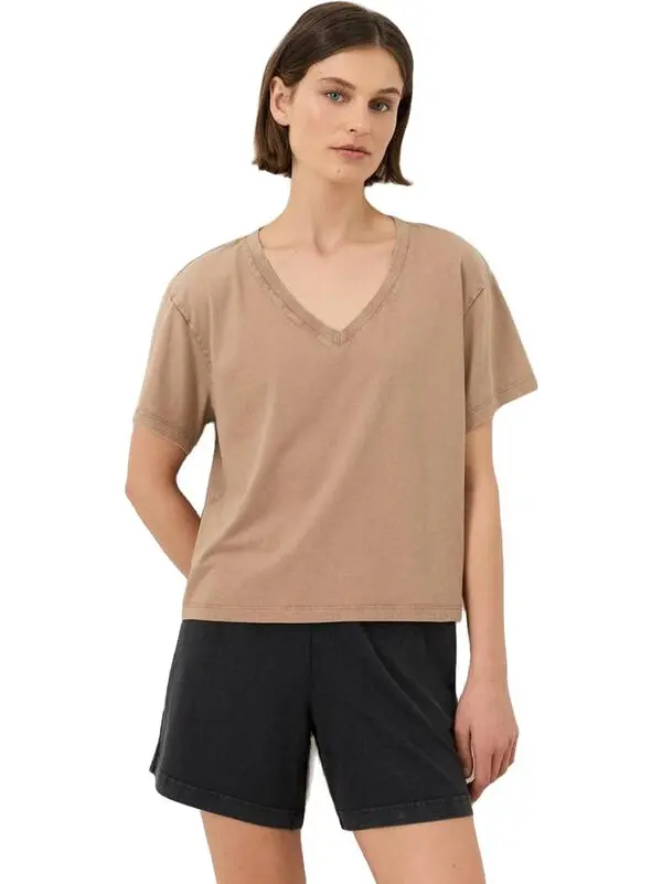 PACT Organic Cotton Vintage Jersey V-neck Tee - Washed Driftwood Brown