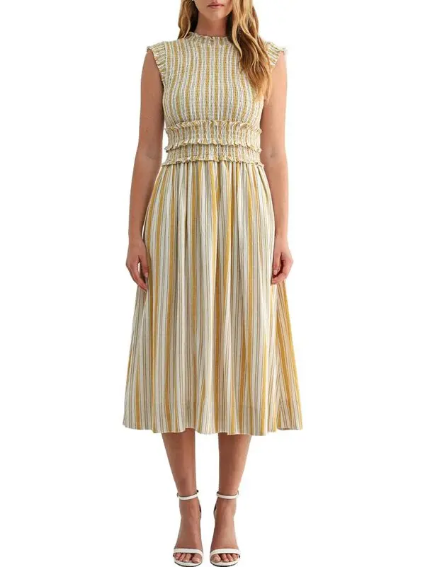 QUINCY MAE Smocked Tie-back Midi Dress With Stripes - Mustard Stripe