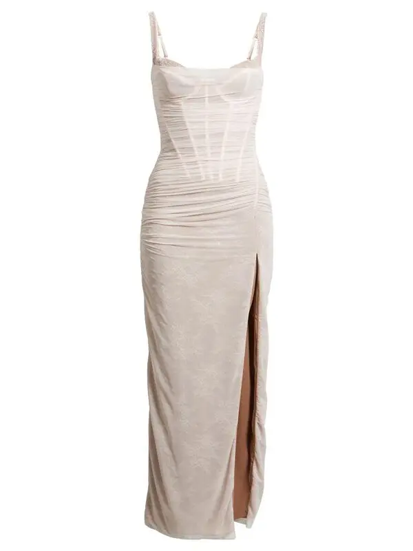 House Of Cb Lini Ruched Lace Sleeveless Mesh Gown - Baby Pink