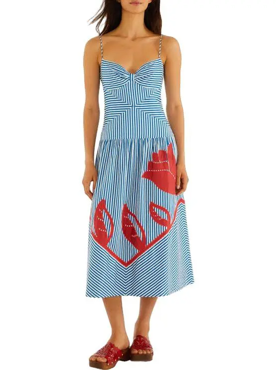 Farm Rio Sky Stripes Floral Embroidered Midi Dress - Blue