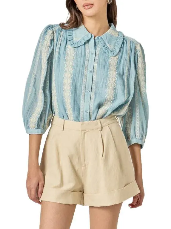 English Factory Embroidered Ruffle Shirt - Powder Blue/natural