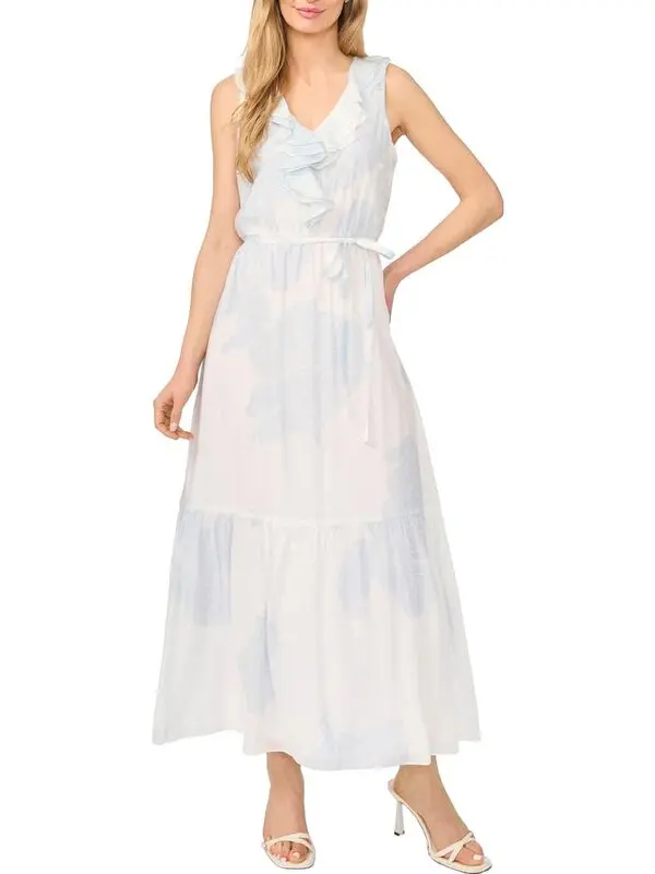 Halogen Ruffle Metallic Tie Waist Sleeveless Maxi Dress - Blue Multi