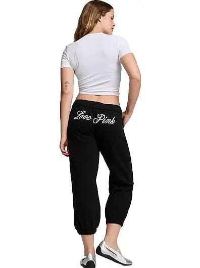 Pink Foldover Capri Joggers - Black