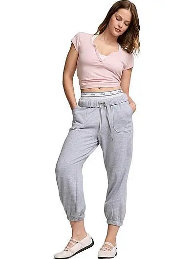 Pink Foldover Capri Joggers - Grey