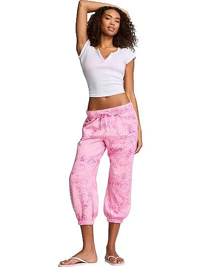 Pink Foldover Capri Joggers - Print