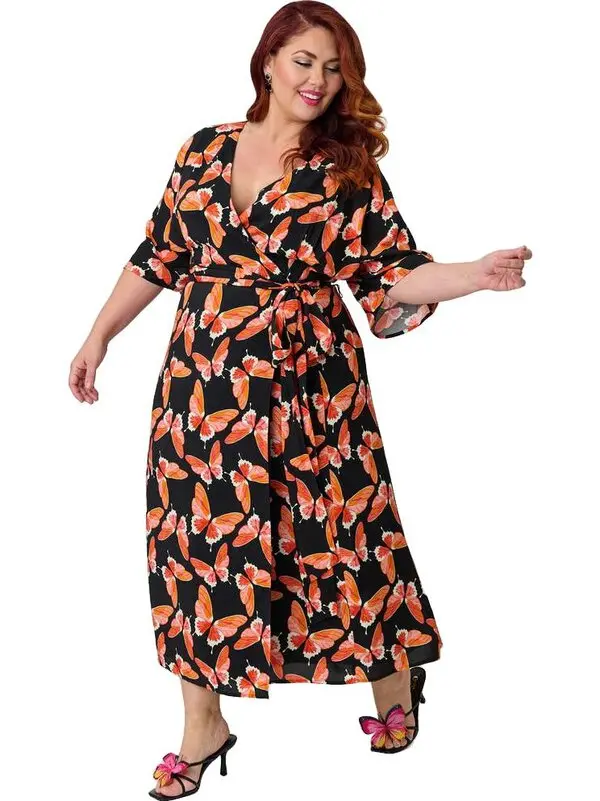 Unique Vintage 1970s Butterfly Print Wrap Midi Dress - Black W/red Butterfly Print