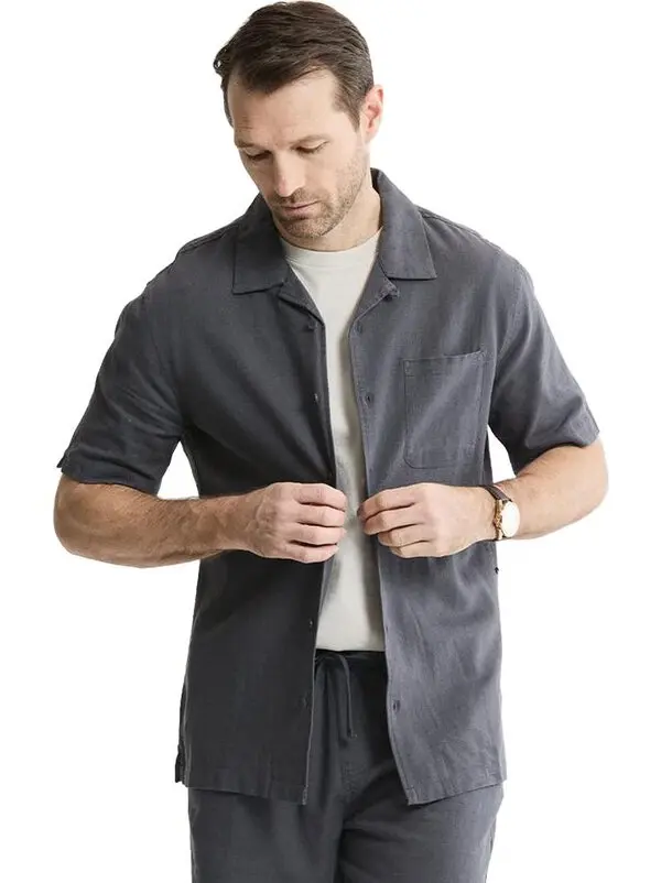 JACHS Linen Blend Short Sleeve Camp Shirt - Asphalt