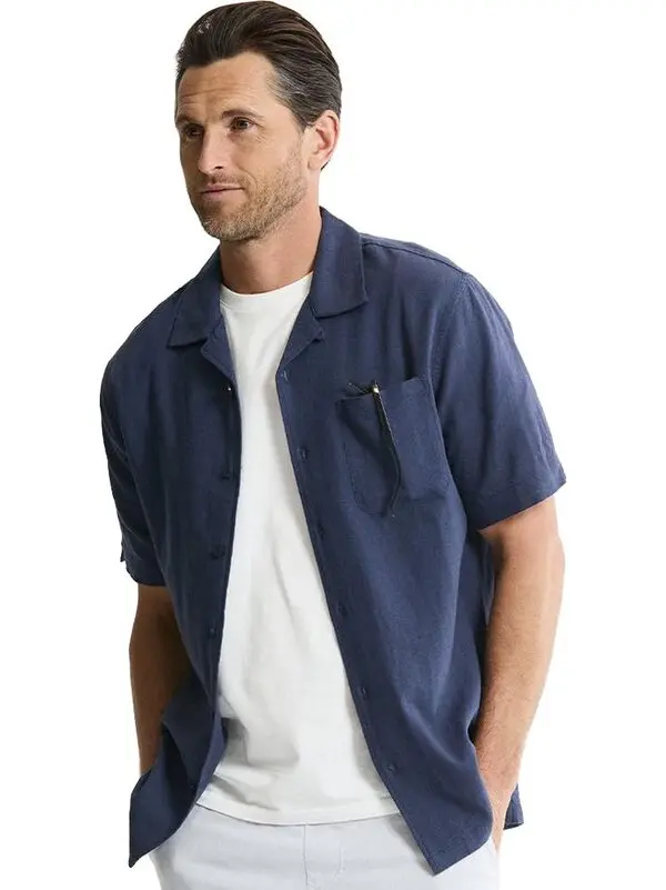 JACHS Linen Blend Short Sleeve Camp Shirt - Indigo
