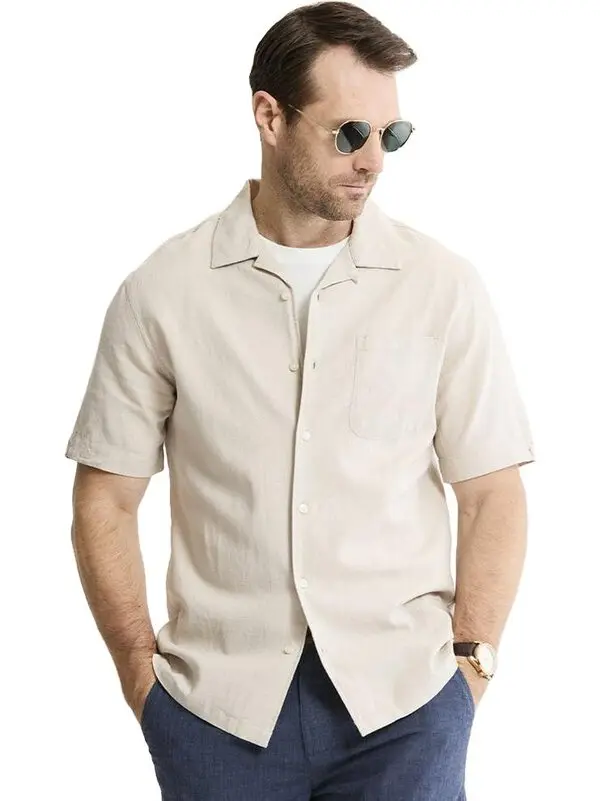JACHS Linen Blend Short Sleeve Camp Shirt - Stone
