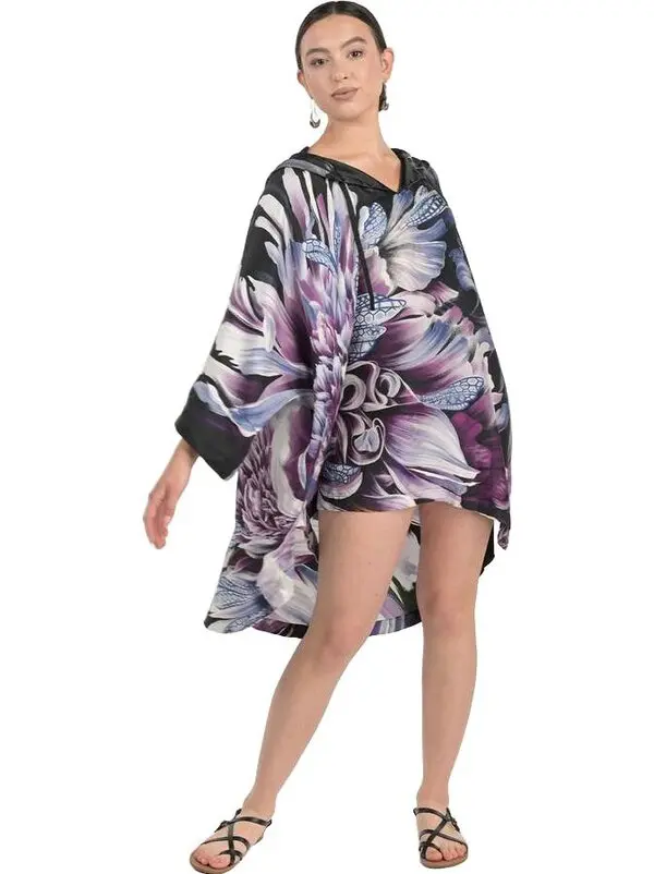 SILK&SOUL Hooded Tunic With Floral Print - Black
