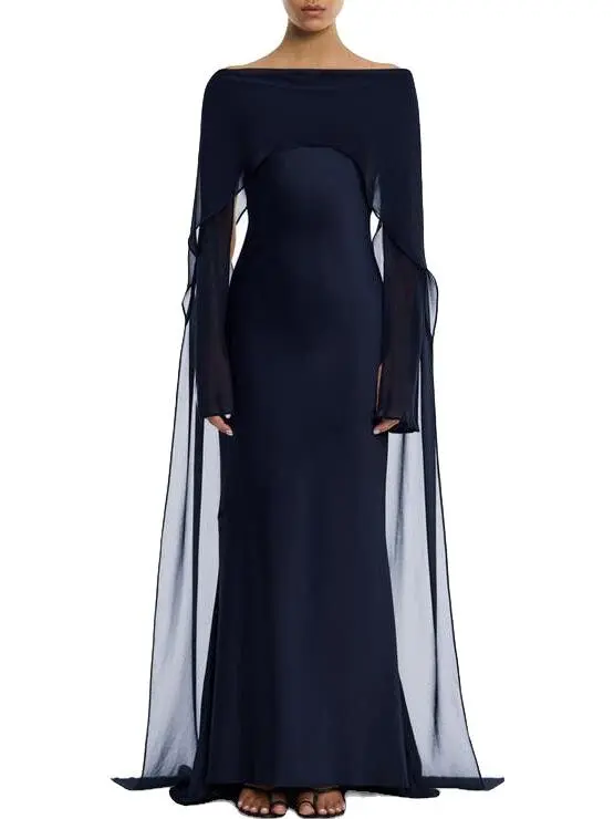 Significant Other Devlyn Chiffon Drape Long Sleeve Gown - Sapphire