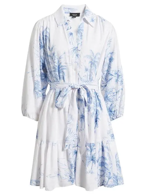 CECE DUPRAZ Tie Waist Long Sleeve Printed Dress - Blue Haze