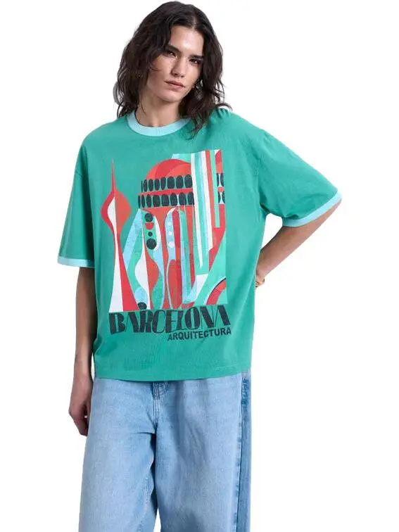 Topshop Barcelona Graphic Oversized Cotton T-shirt - Mgreen