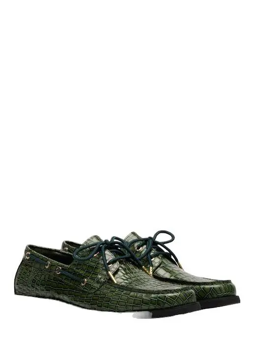 MARC NOLAN Crocodile Effect Leather Boat Shoes - Green Croc