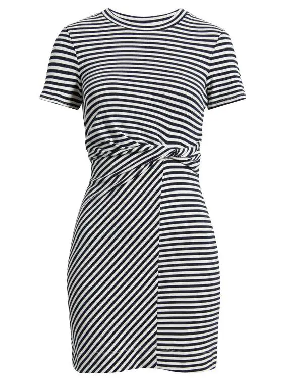 Halogen Striped Twist Detail Stretch Cotton T-shirt Dress - Classic Navy
