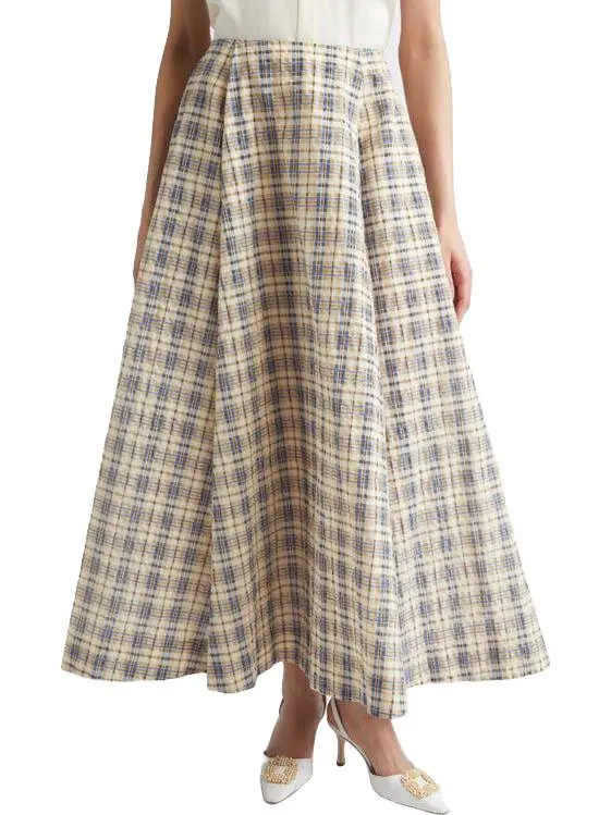 Bernadette Kennedy Plaid Seersucker Skirt - Blue/beige Seersucker Check