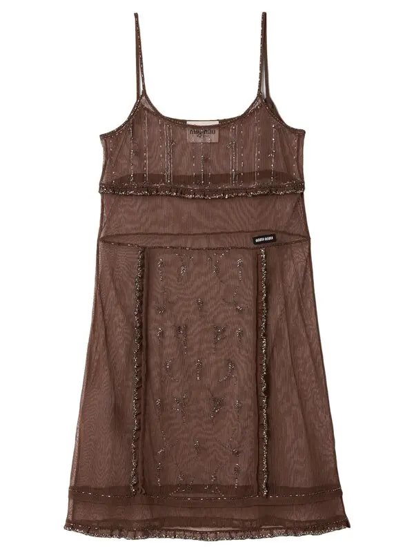 Miu Miu Embellished Tulle Dress - Dark Brown